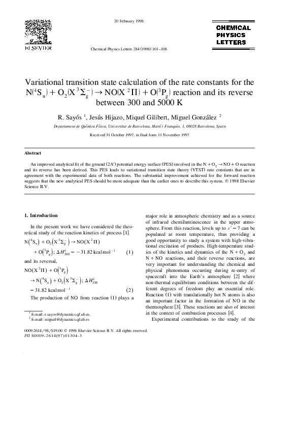 (PDF) Variational transition state calculation of the rate constants ...