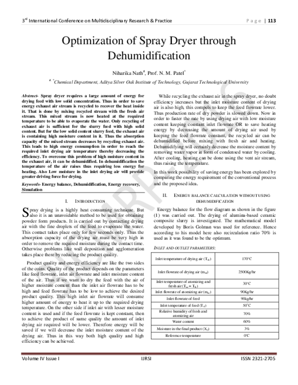 (PDF) Optimization of Spray Dryer through Dehumidification