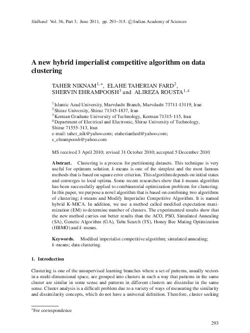 (PDF) A new hybrid imperialist competitive algorithm on data clustering