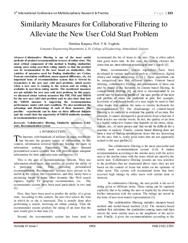 (PDF) Similarity Measures for Collaborative Filtering to Alleviate the ...