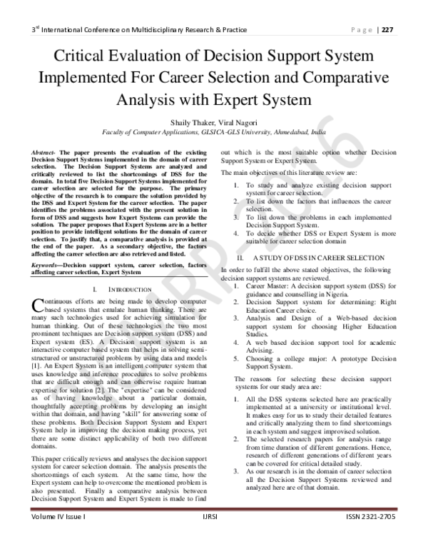 (PDF) Critical Evaluation of Decision Support System Implemented For ...