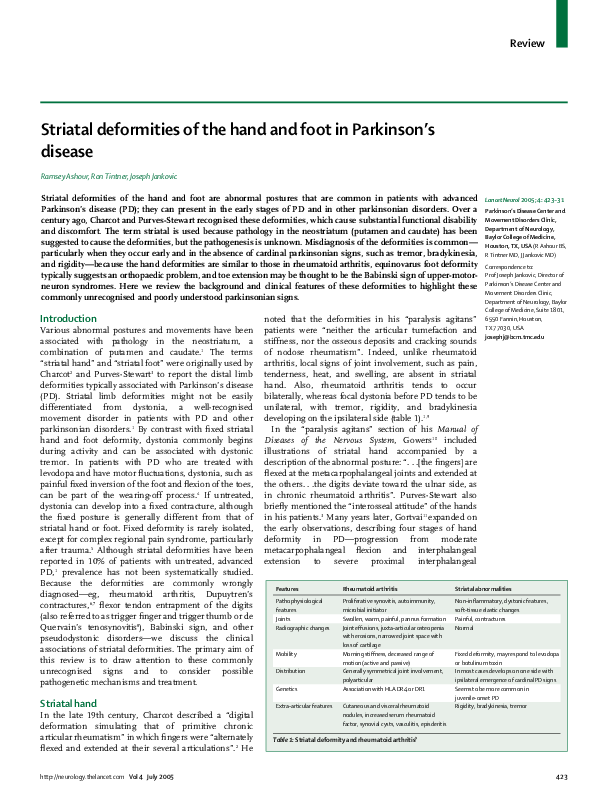 (PDF) Striatal deformities of the hand and foot in Parkinson's disease