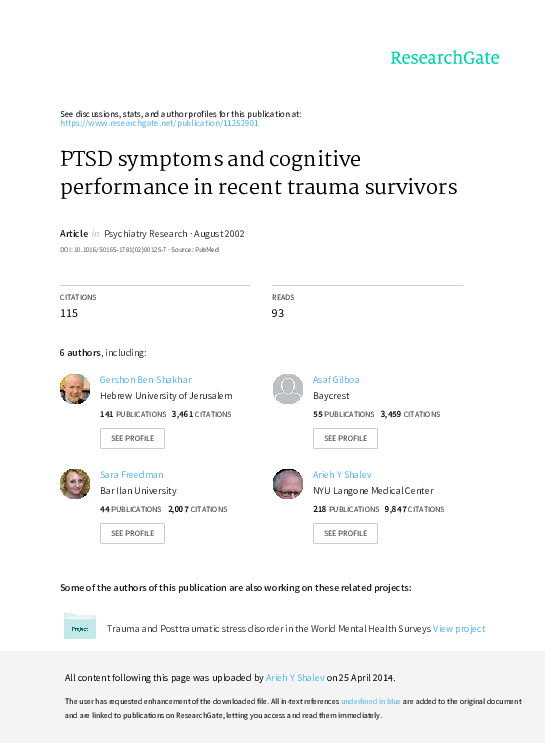 (PDF) PTSD symptoms and cognitive performance in recent trauma survivors