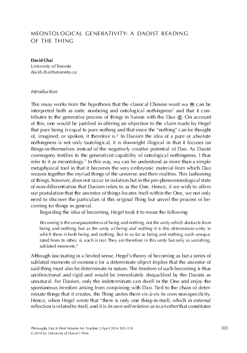 (PDF) Meontological Generativity: A Daoist Reading of the Thing