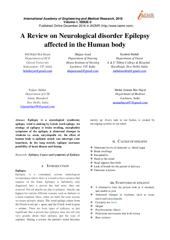 (PDF) A Review on Neurological disorder Epilepsy affected in the Human body