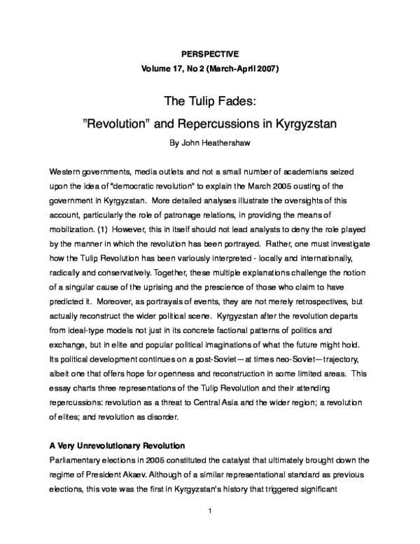 (PDF) The Tulip Fades:" Revolution" and repercussions in Kyrgyzstan