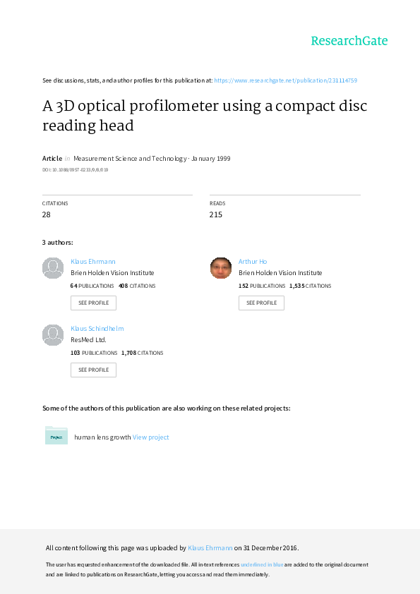 (PDF) A 3D optical profilometer using a compact disc reading head