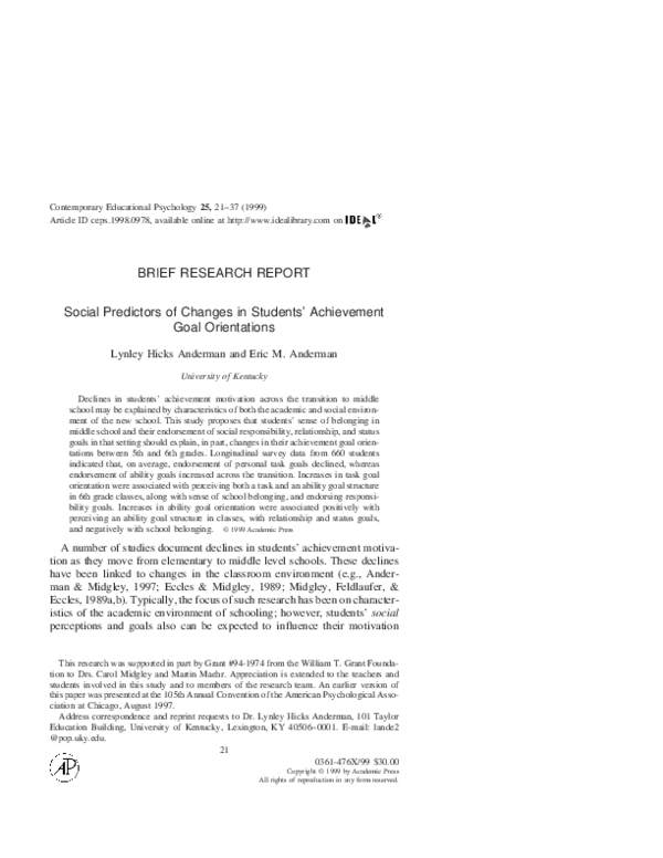 (PDF) Social predictors of changes in students' achievement goal ...