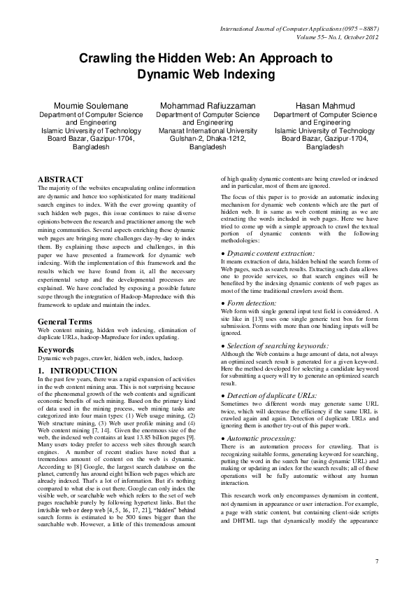 Pdf Crawling The Hidden Web An Approach To Dynamic Web Indexing