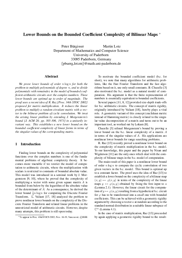 (PDF) Lower bounds on the bounded coefficient complexity of bilinear maps