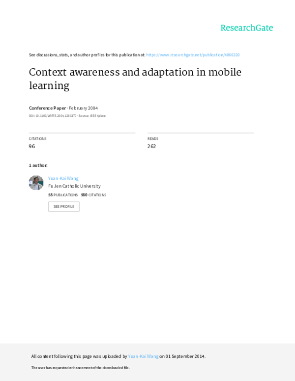 (PDF) Context awareness and adaptation in mobile learning