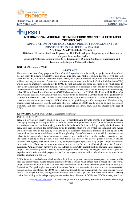 Pdf Application Of Critical Chain Project Management To Construction Projects A Review