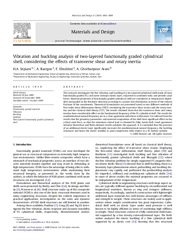 (PDF) Vibration and buckling analysis of two-layered functionally graded cylindrical shell ...