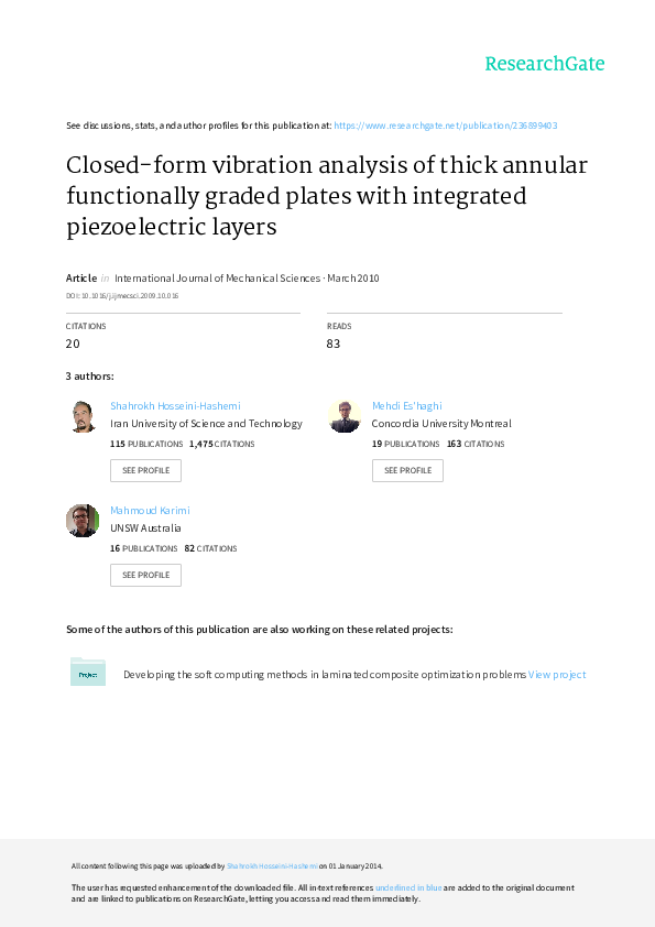 Pdf Closed Form Vibration Analysis Of Thick Annular Functionally Graded Plates With Integrated
