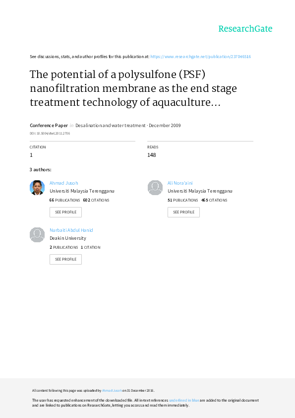 (PDF) The potential of a polysulfone (PSF) nanofiltration membrane as ...