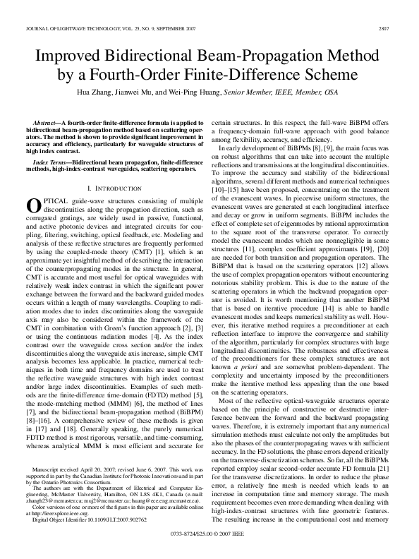 Pdf Improved Bidirectional Beam Propagation Method By A Fourth Order Finite Difference Scheme