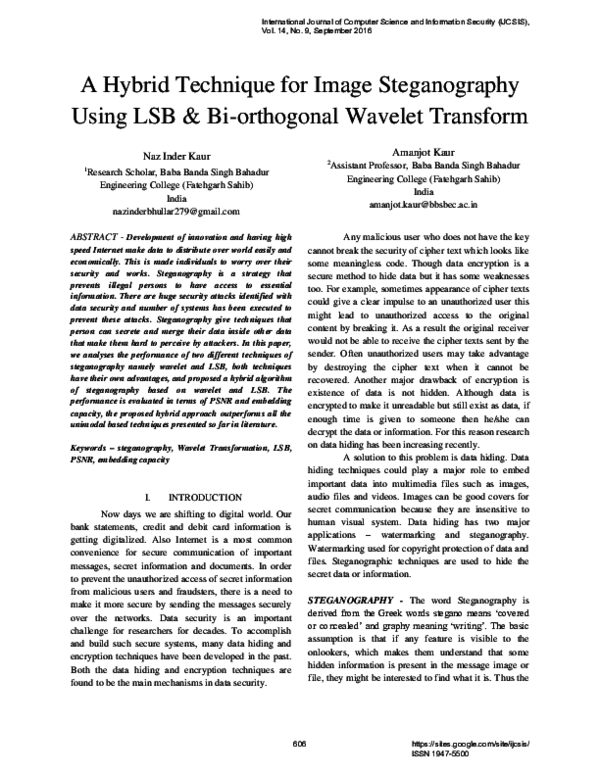 Pdf A Hybrid Technique For Image Steganography Using Lsb And Bi Orthogonal Wavelet Transform