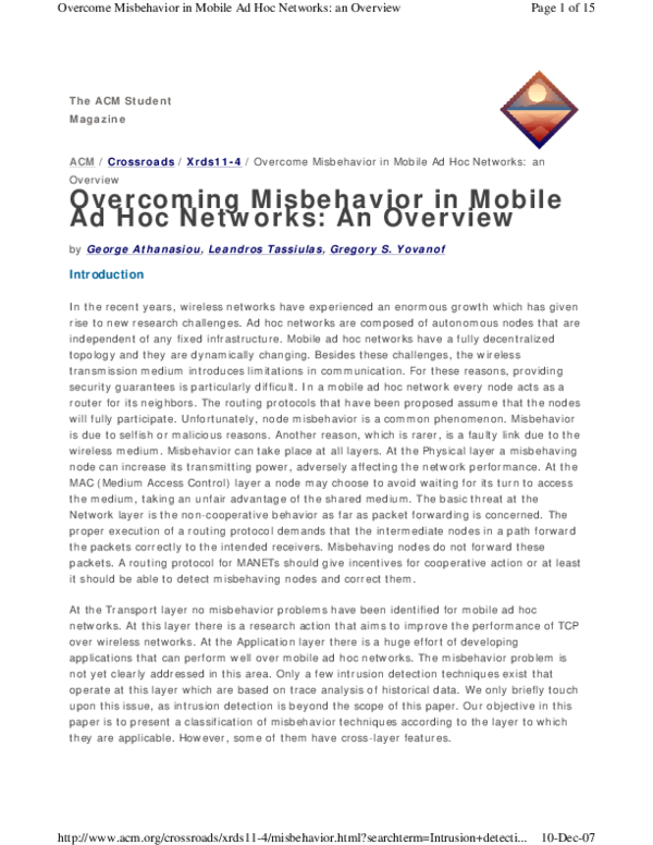 (PDF) Overcoming misbehavior in mobile ad hoc networks: an overview