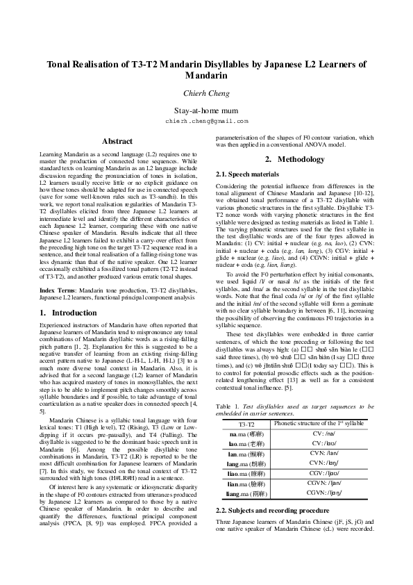 (PDF) Tonal Realisation of T3-T2 Mandarin Disyllables by Japanese L2 ...