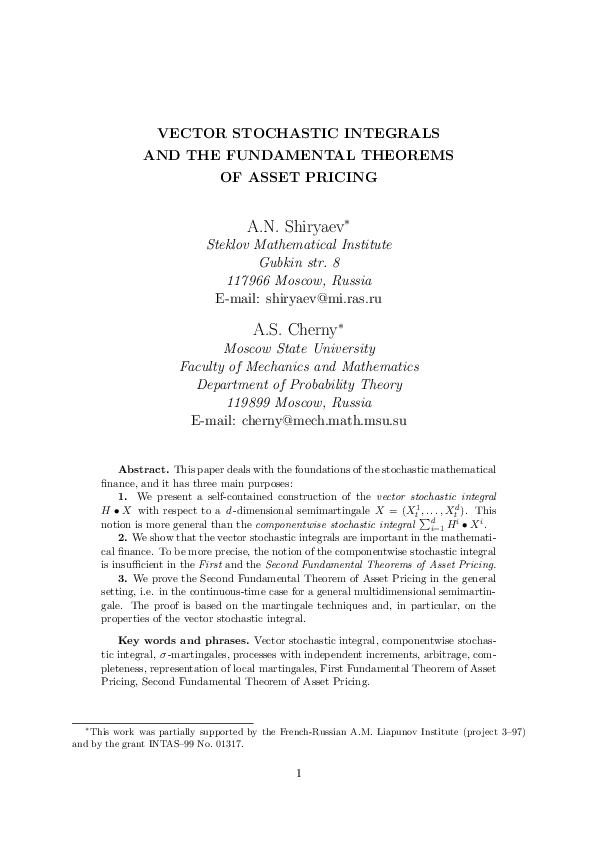 (PDF) Vector Stochastic Integrals and the Fundamental Theorems of Asset ...