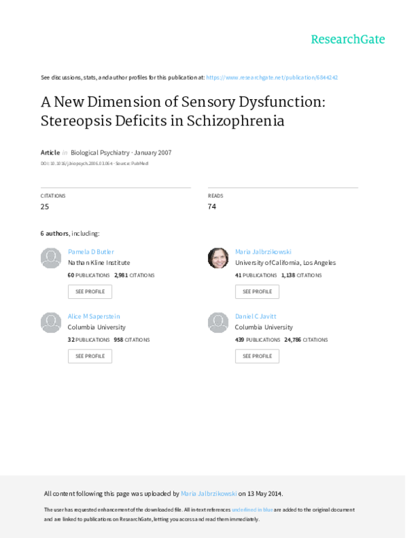 (PDF) A new dimension of sensory dysfunction: stereopsis deficits in ...