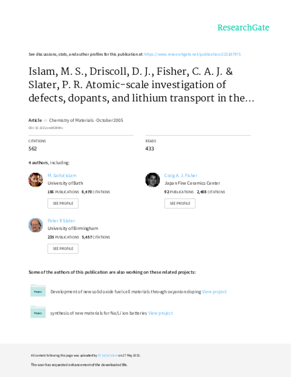 Pdf Atomic Scale Investigation Of Defects Dopants And Lithium Transport In The Lifepo4