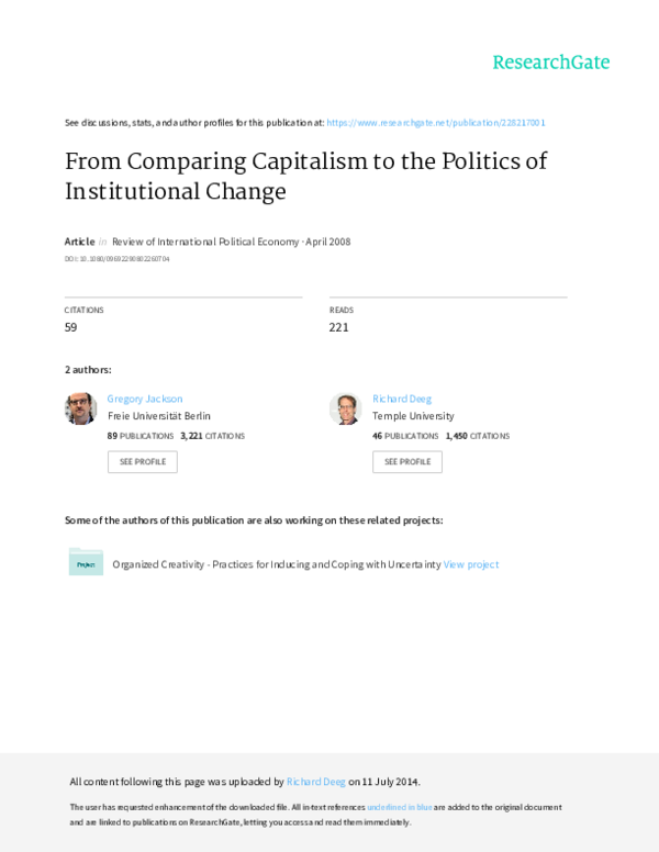 (PDF) From comparing capitalisms to the politics of institutional change