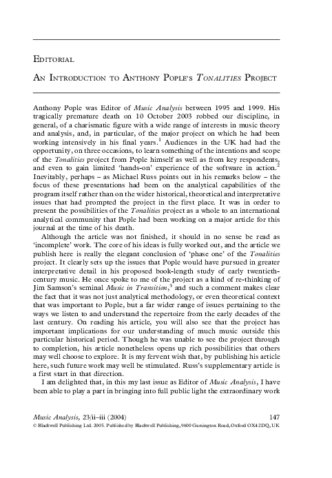 (PDF) Editorial: An Introduction to Anthony Pople's Tonalities Project