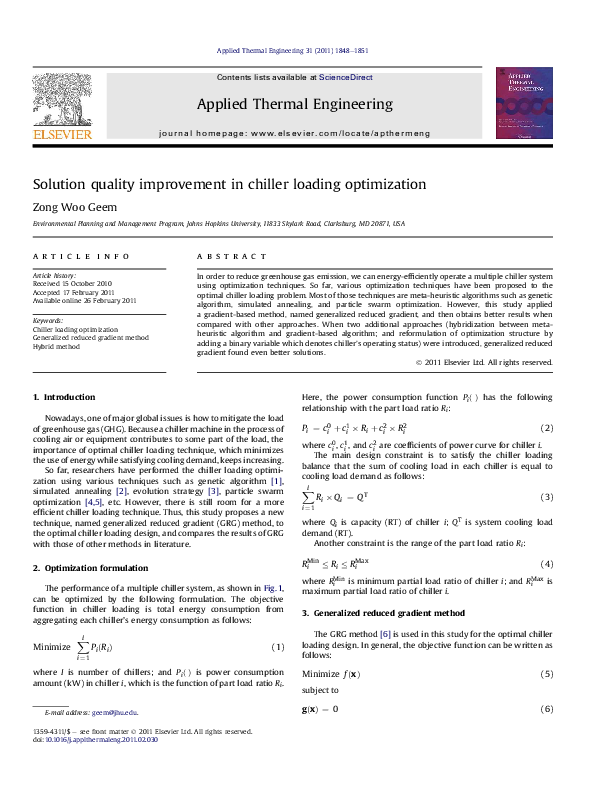 (PDF) Solution quality improvement in chiller loading optimization