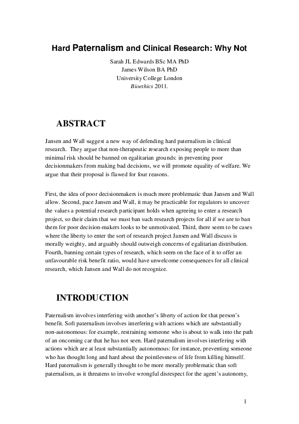 (PDF) HARD PATERNALISM, FAIRNESS AND CLINICAL RESEARCH: WHY NOT?