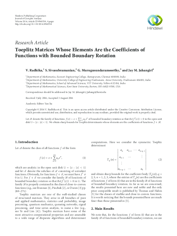 (PDF) Toeplitz Matrices Whose Elements Are the Coefficients of Functions with Bounded Boundary ...