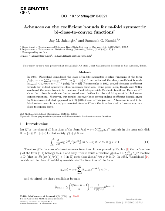 Pdf Advances On The Coefficient Bounds For M Fold Symmetric Bi Close To Convex Functions