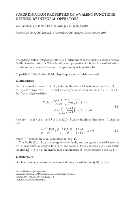 Pdf Subordination Properties Of P Valent Functions Defined By Integral Operators