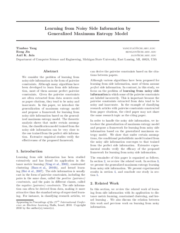 (PDF) Learning from noisy side information by generalized maximum entropy model