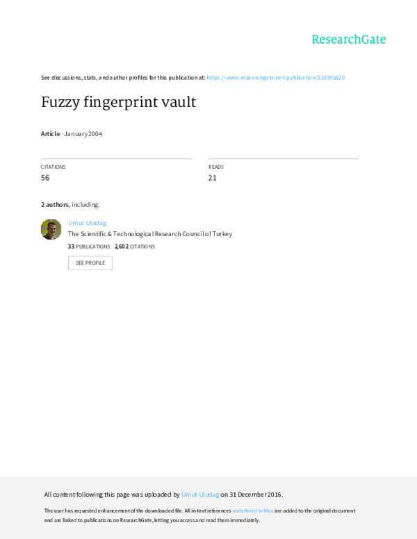 (PDF) Fuzzy fingerprint vault