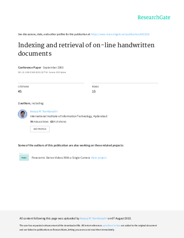 (PDF) Indexing and retrieval of on-line handwritten documents