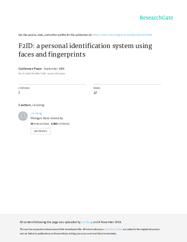 (PDF) F2ID: a personal identification system using faces and fingerprints