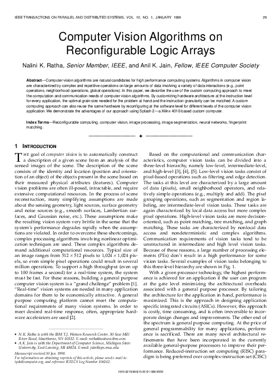 (PDF) Computer vision algorithms on reconfigurable logic arrays | Anil Jain - Academia.edu