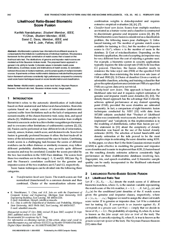 (PDF) Likelihood Ratio-Based Biometric Score Fusion
