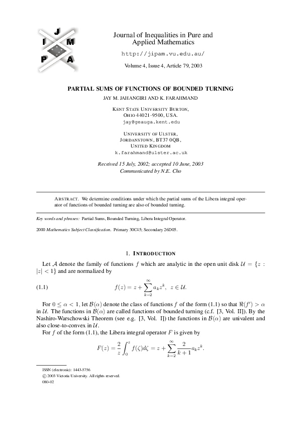 (PDF) Journal of Inequalities in Pure and Applied Mathematics PARTIAL SUMS OF FUNCTIONS OF ...