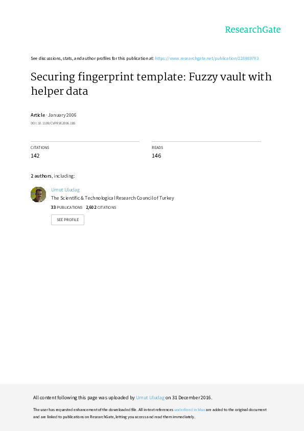 (PDF) Fuzzy Vault Fingerprint Security with Helper Data