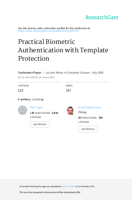 (PDF) Practical Biometric Authentication with Template Protection