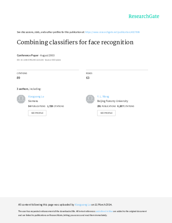 Pdf Combining Classifiers For Face Recognition