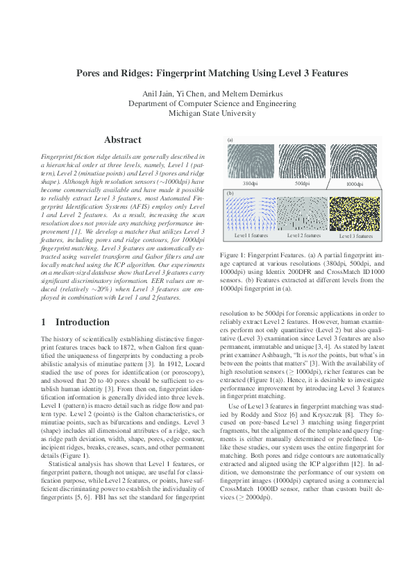 (PDF) Pores and Ridges: Fingerprint Matching Using Level 3 Features