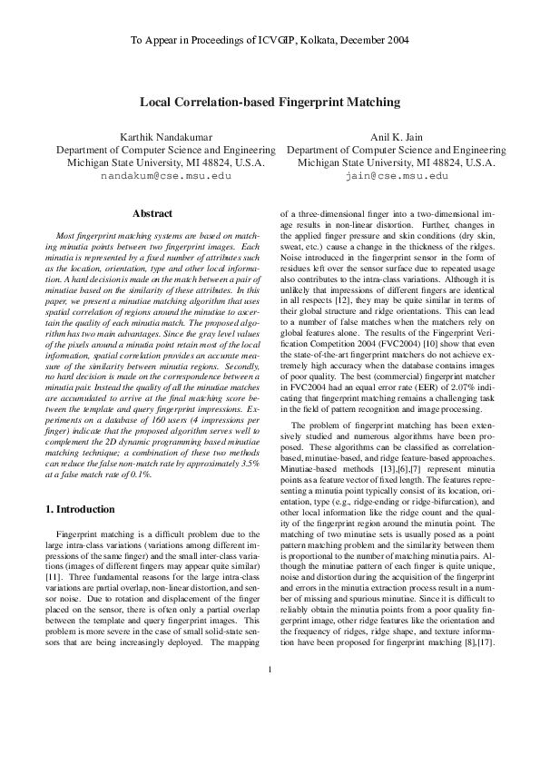 (PDF) Local Correlation-based Fingerprint Matching