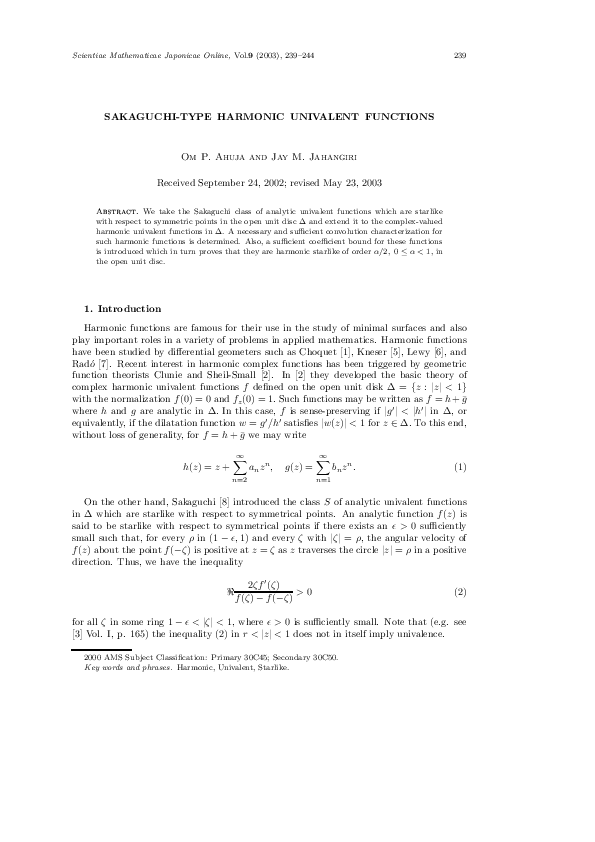 (PDF) SAKAGUCHI-TYPE HARMONIC UNIVALENT FUNCTIONS