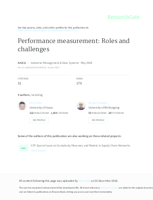 (PDF) Performance measurement: roles and challenges