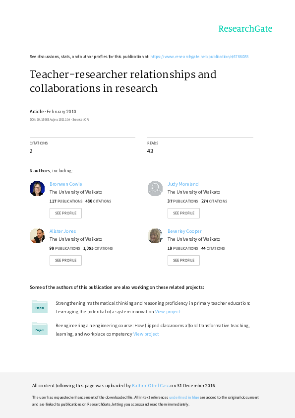 (PDF) Teacher-researcher relationships and collaborations in research