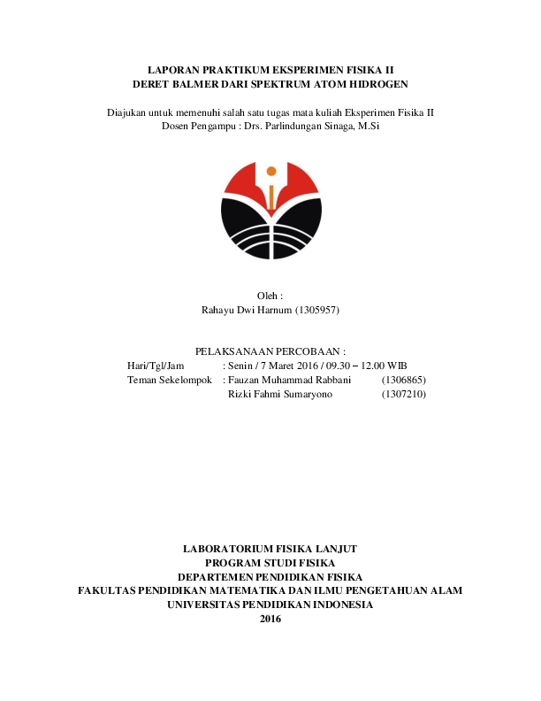 (PDF) EKSPERIMEN FISIKA II (FPMIPA UPI) : DERET BALMER DARI SPEKTRUM ...