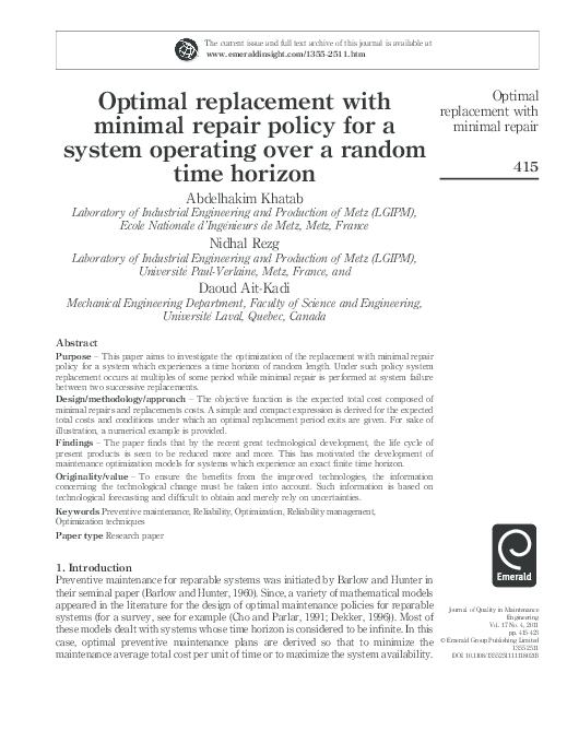 (PDF) Optimal replacement with minimal repair policy for a system ...